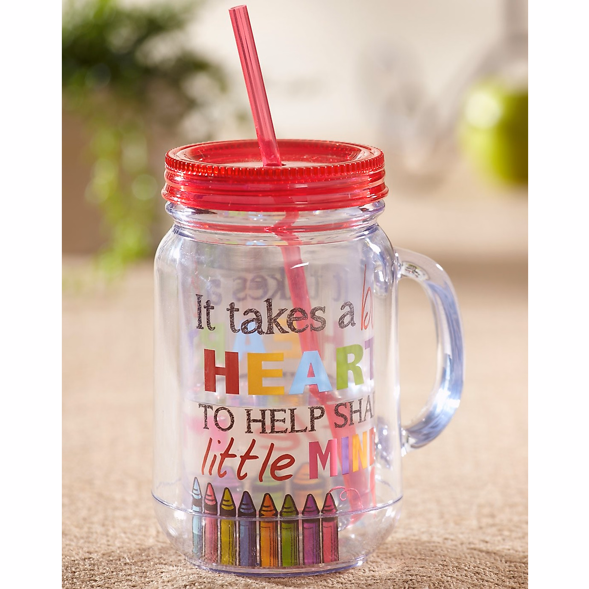 Cypress Home Teacher Appreciation 20 oz Gift Mug It Takes A Big Heart To Help Shape Little Minds | Red | Double Wall Insulated Mason Jar With Straw | 6.25-in Tall x 5-in Wide
