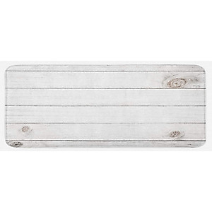Ambesonne Grey and White Kitchen Mat, Wooden Planks Horizontal Lines Rustic Timber Soft Tone Oak Background House Image, Plush Decorative Kitchen Mat with Non Slip Backing, 47" X 19", White