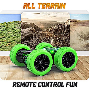 BEZGAR LED Remote Control Car for Boys, 2.4GHz Double Side 360 Flips RC Stunt Car for Boys 8-12, 4WD All Terrain Stunt Car with Rechargeable Battery