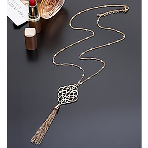 ALEXY 2Pcs Long Chain Pendant Necklace Set, Filigree Quatrefoil and Celtic Knot Pendant Tassel Y Necklaces for Women (B Gold + Gold)