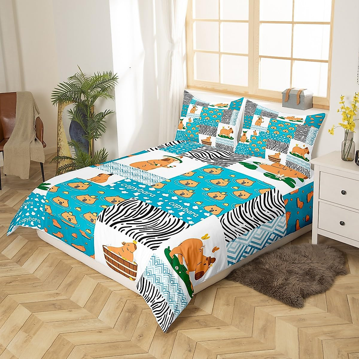 Kawaii Capybara Comforter Cover Cartoon Animal Bed Set, Blue Plaid Checkered Duvet Cover Queen Size Cute Cow Printed Bedding Sets, Lovely Zebra Print Bedspread Cover Breathable for All Seasons