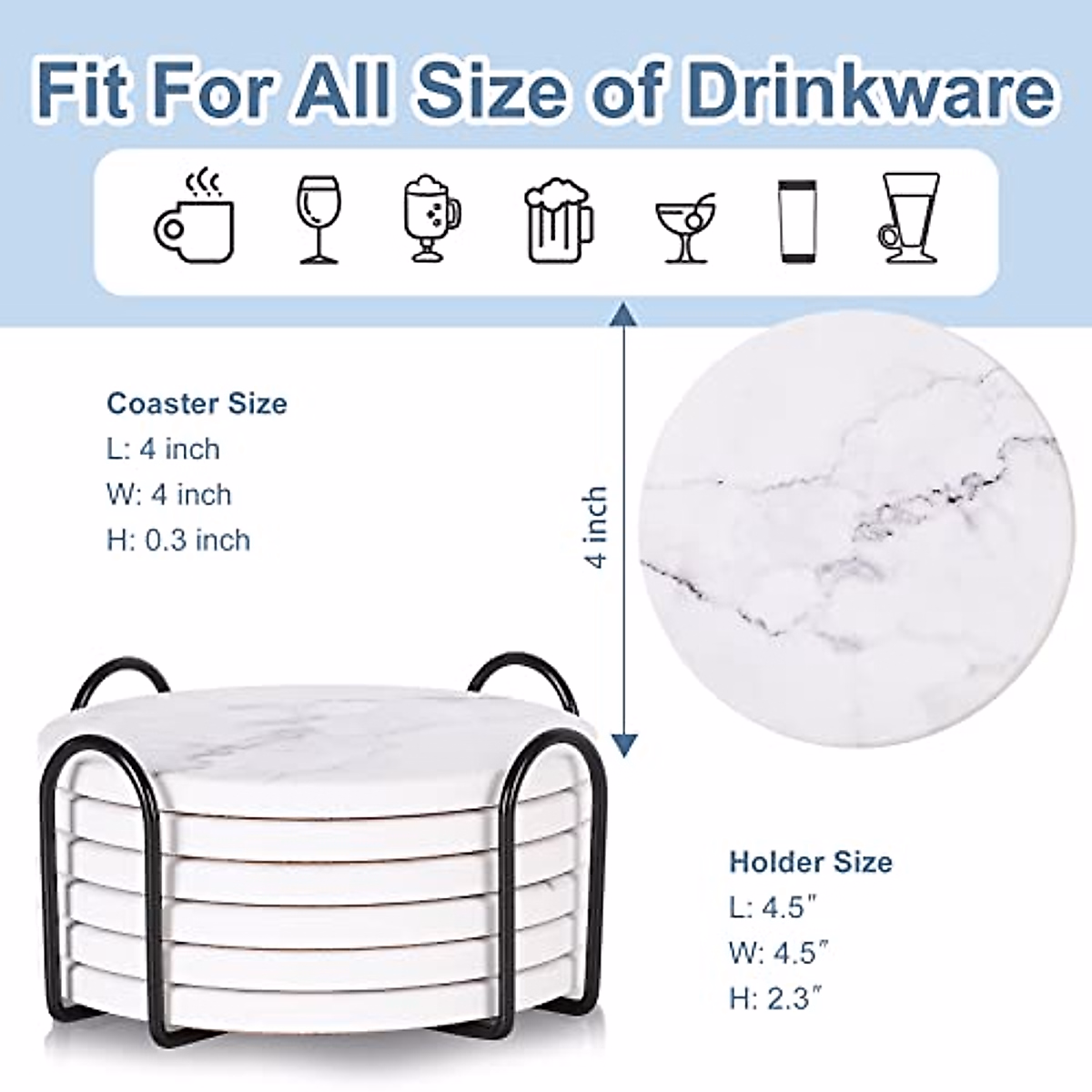 Absorbent Coasters for Drinks ,Ceramic Coaster Set of 6 with Holder, Durable Cup Coaster for Coffee Table with Cork Base for Table Protection, Housewarming Birthday Gifts, Home Decor (White Marble)