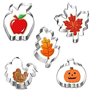 LUBTOSMN New Large Thanksgiving Cookie Cutter Set-5 Pieces-Turkey, Pumkin, Apple, Maple Leaf and Oak Leaf-Fall Holiday Cookie Cutters Fondant Biscui Cutters