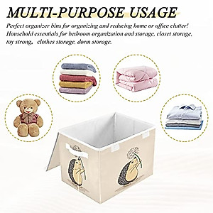 Krafig Cartoon Retro Animal Hedgehog Foldable Storage Box Large Cube Organizer Bins Containers Baskets with Lids Handles for Closet Organization, Shelves, Clothes, Toys