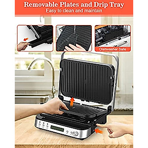 6 in 1 Indoor Grill with Waffle Plates, Panini Press Grill Sandwich Maker, CATTLEMAN CUISINE Electric Contact Grill and Griddle with Removable Nonstick Grill Plates, Smart Probe, LCD Display, 1600W