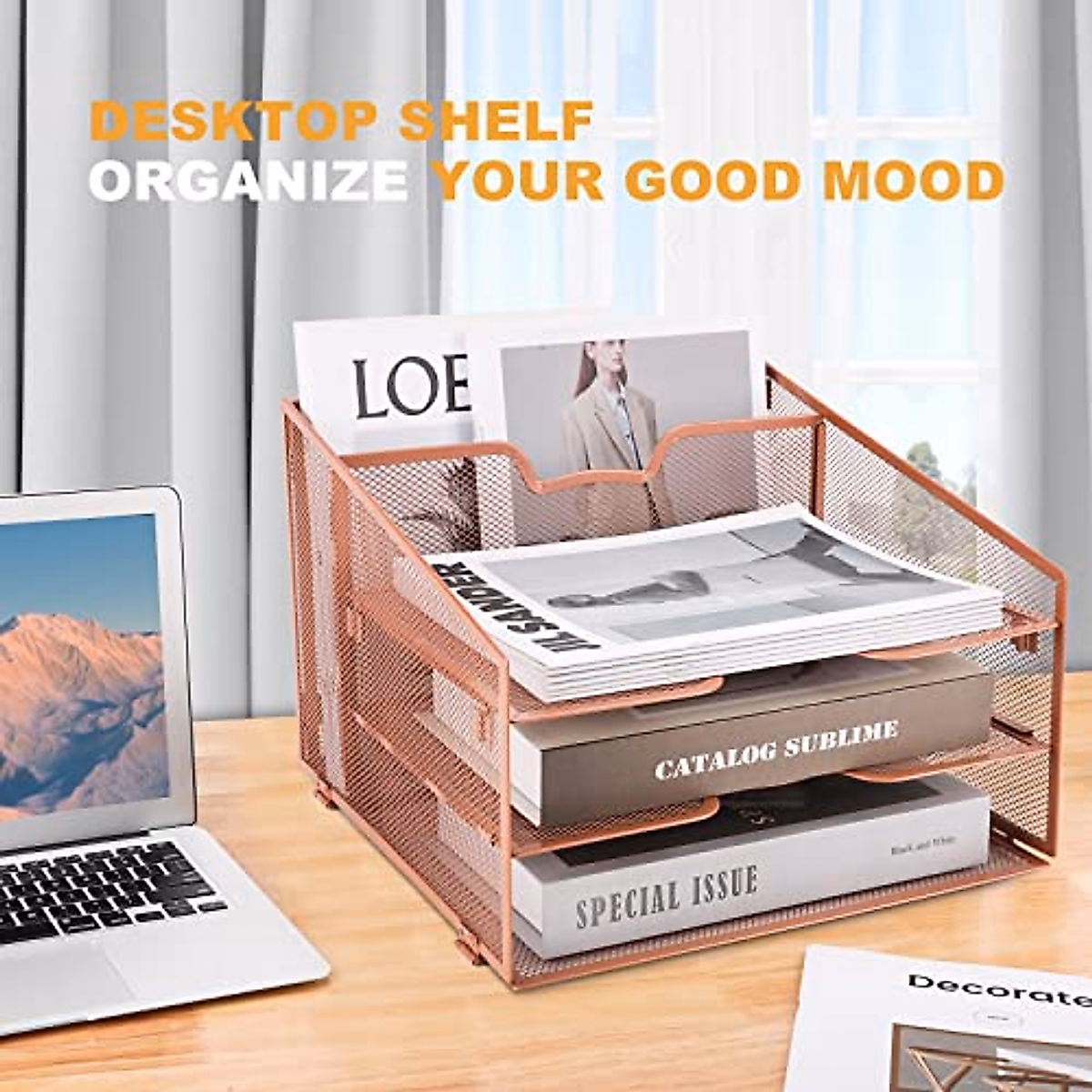 Meshist Rose Gold Desk Accessories Organizer, Desktop File Organzier with 3 Letter Trays and 1 Upright Section, Paper Organizer for Home and Office