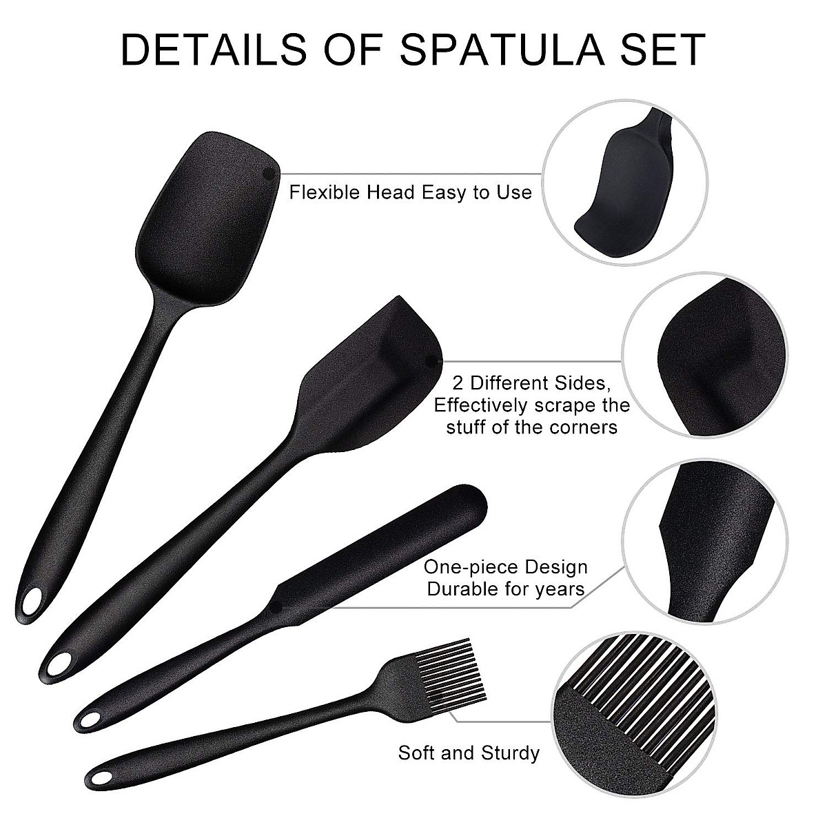 Silicone Spatula Set, G.a HOMEFAVOR Heat-Resistant Spatula - One Piece Seamless Design, Non-Stick Silicone with Reinforced Stainless Steel Core (6 Piece Set, Black)