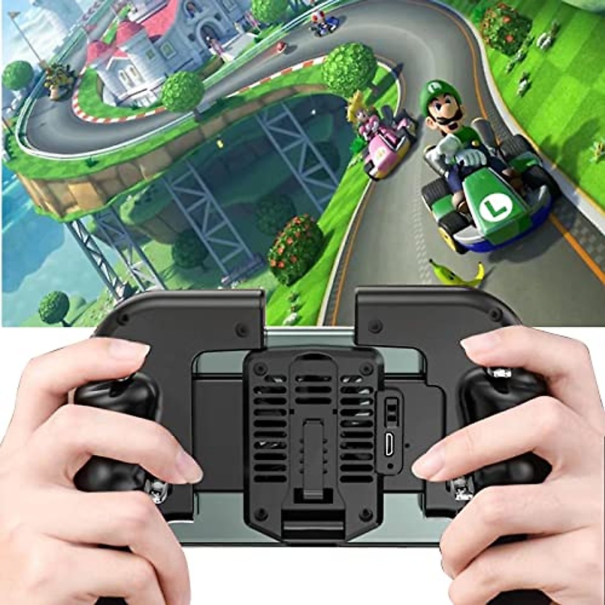 Mobile Game Controller with Cooling Fan/Phone Holder, Phone Gamepad for PUBG/Fortnite/Call of Duty, L1R1 Mobile Triggers for 4.7”-6.5” iOS Android Phones