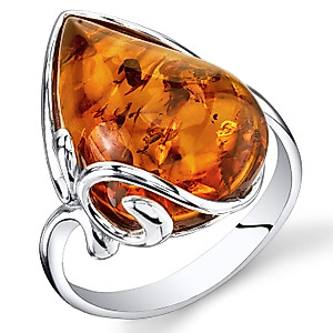 PEORA Genuine Baltic Amber Ring for Women 925 Sterling Silver, Large Teardrop Shape, Rich Cognac Color Size 9
