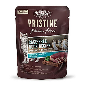 Castor & Pollux Pristine Grain Free Cage-Free Duck Recipe Morsels in Gravy Cat Food Pouches, 3 Oz (Pack of 24)
