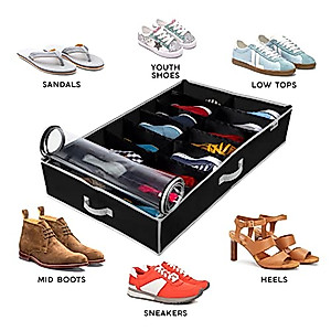 HOLDN' STORAGE Extra-Large Under Bed Shoe Storage Organizer - Underbed Storage Solution Fits Men's and Women's Shoes, High Heels, and Sneakers with Durable Vinyl Cover & Extra-Strong Zipper - Black