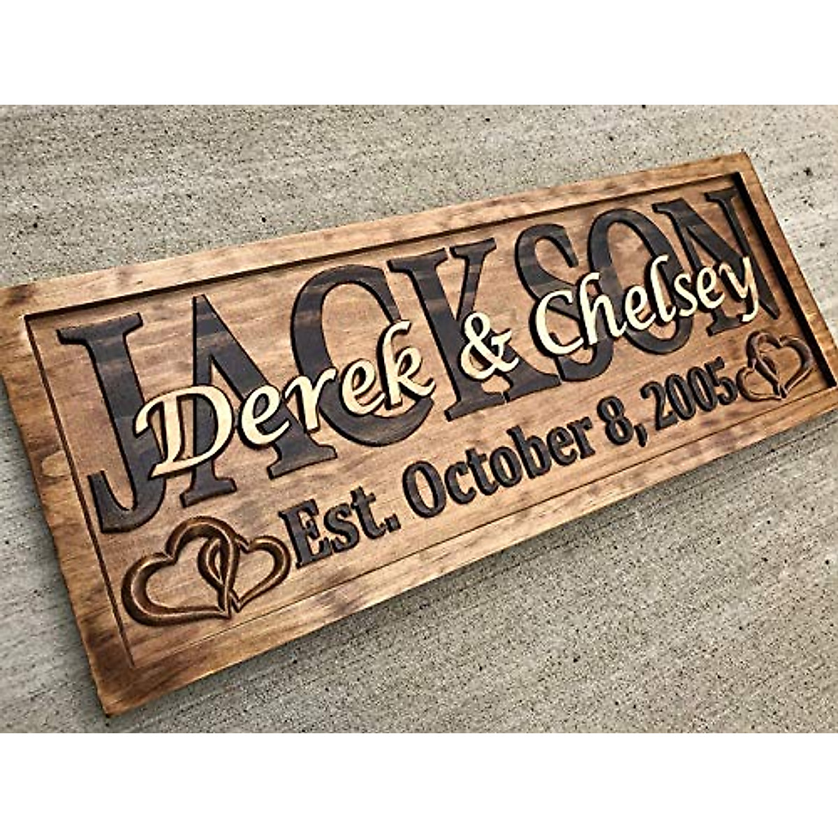 Personalized Wedding Gift Last Name Established Sign Family Name Signs Custom Wood Sign Carved Wood Decor 3D Hearts Couples Sign 5 Year Anniversary Gift