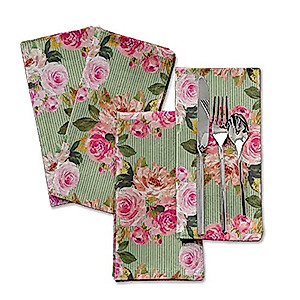S4Sassy Green Stripe & Ranunculus Floral Holiday Parties Cloth Table Linen Re-Usable Dinner Napkins Set 18 x 18(Pack of 6)