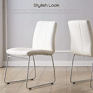 Enjowarm Dining Chairs Set of 4 Comfortable Modern White Faux Leather Dining Chairs Kitchen Chairs with Chrome Legs Dining Room Side Chairs Set Waiting Room Chairs for Living Room Bedroom Office