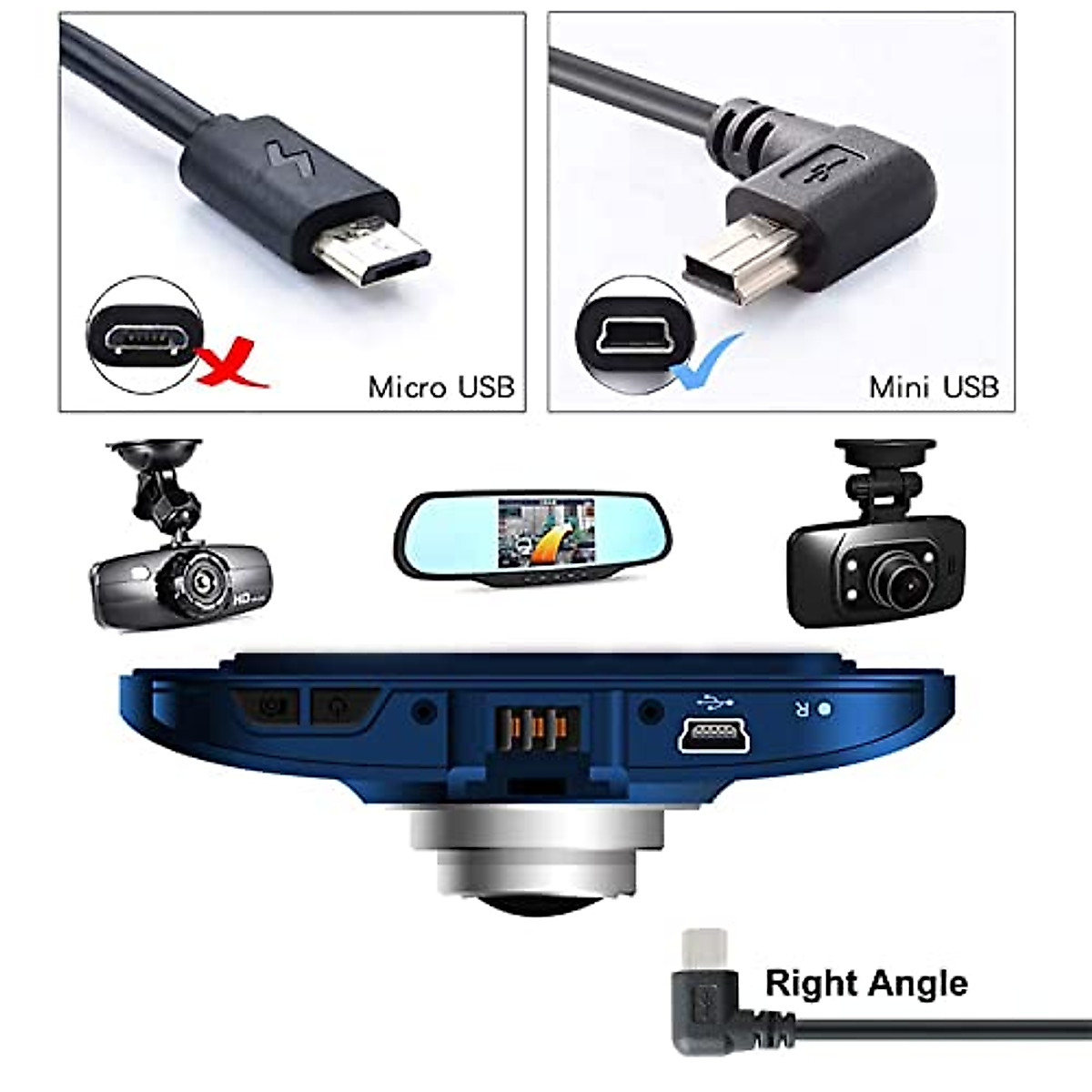 PASOW Mini USB Charging Cable USB 2.0 A-Male to Mini-B Car Vehicle Power Charger Adapter Cord for Dash Cam Rearview Mirror Cam Backup Camera (11.5FT, Right Angle)