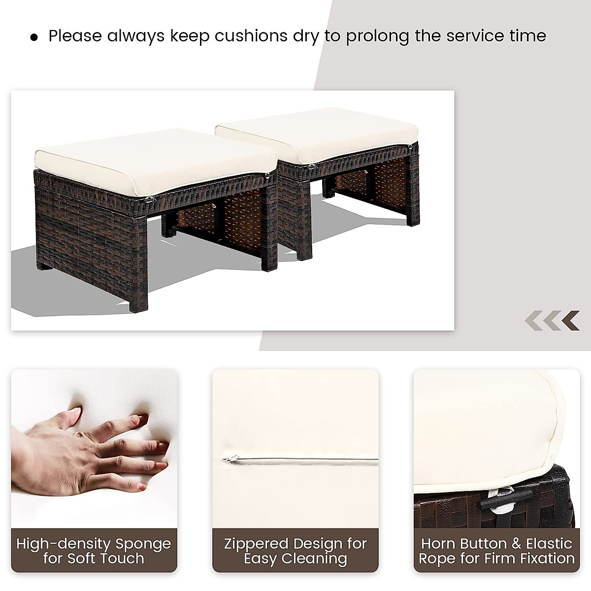 RELAX4LIFE 2-Piece Wicker Outdoor Ottoman, Rattan Footrest Set of 2 with Removable Cushions, 3-in-1 Foot Stool, Side Table & Additional Seating, Outdoor Footstools for Patio Backyard (White)