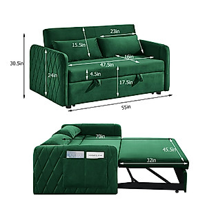 Hison 3 in 1 Sleeper Sofa Couch Bed Modern Convertible Sofa Bed Pull Out Sofa with 3-Level Adjustable Backrest with 2 Pillows and 2 Pockets,Green