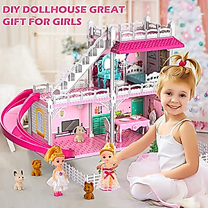 Doll House, Dream Doll House Furniture Pink Girl Toys, 2 Stories 3 Rooms Dollhouse with 2 Princesses Slide Accessories, Toddler Playhouse Gift for for 3 4 5 6 7 8 9 10 Year Old Girls Toys