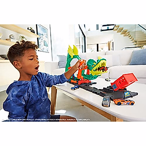 HOT WHEELS Track Set with 1:64 Scale Toy Firetruck, City Fire Station with Dragon Nemesis and Track Play, Dragon Drive Firefight