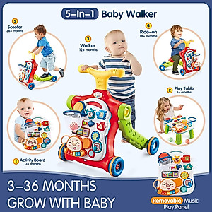 Baby Walker 5 in 1,VATOS Sit-to-Stand Learning Walker,Assemble as Scooter/Balance Bike/Push Walker/Activity Table/Detachable Panel,Push Walkers Toys with Music for Toddlers Infant Boys Girls
