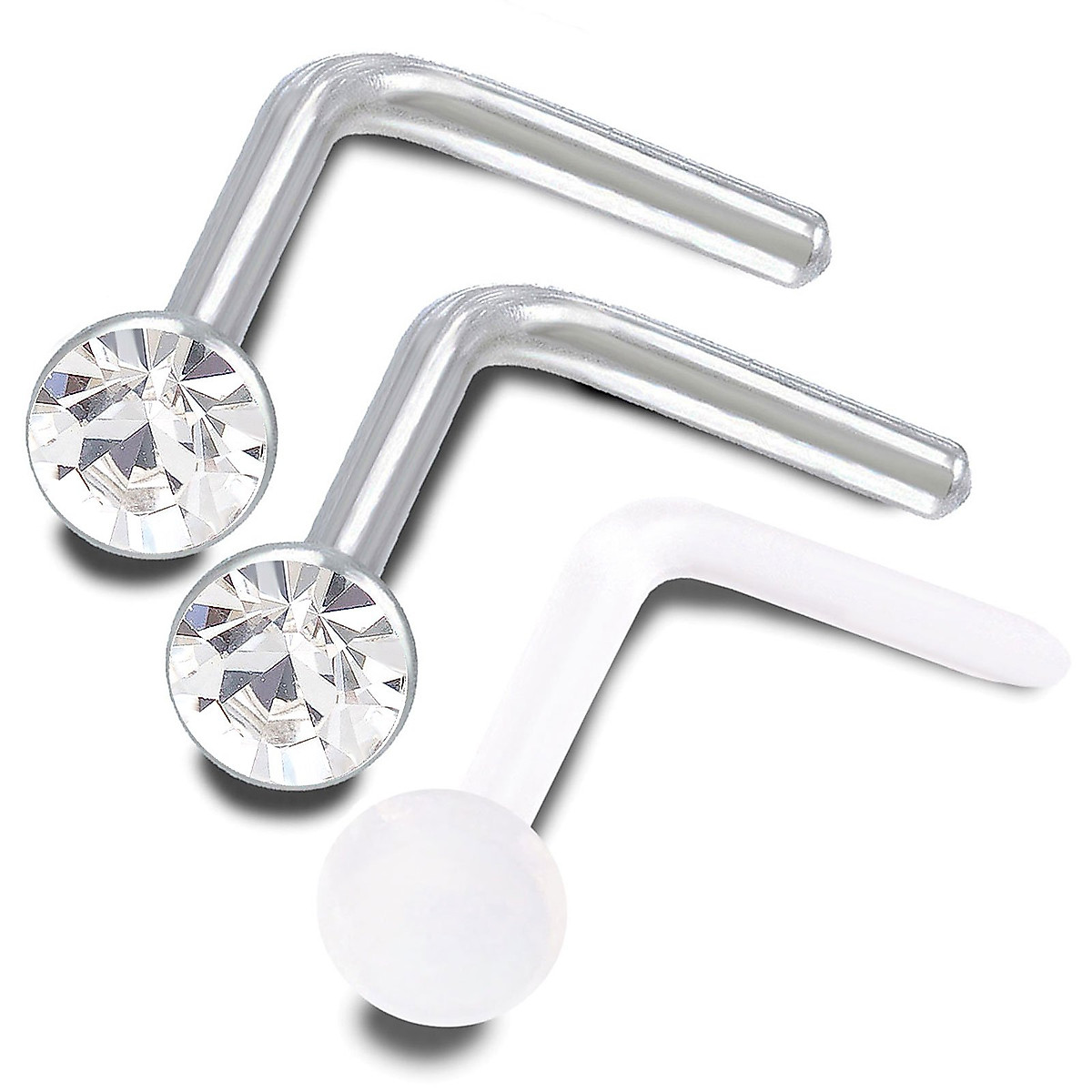 3Pcs L Shaped Nose Ring 18g Surgical Stainless Steel And 20g Retainer Nostril Piercing Studs Jewelry 2.5mm Clear Crystal