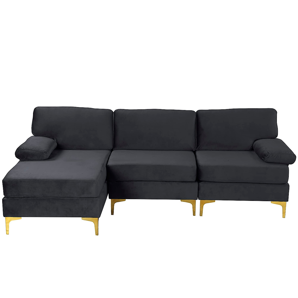 Casa Andrea Milano Modern Large Velvet Fabric Sectional Sofa Couch with Extra Wide Chaise Lounge with Golden Legs
