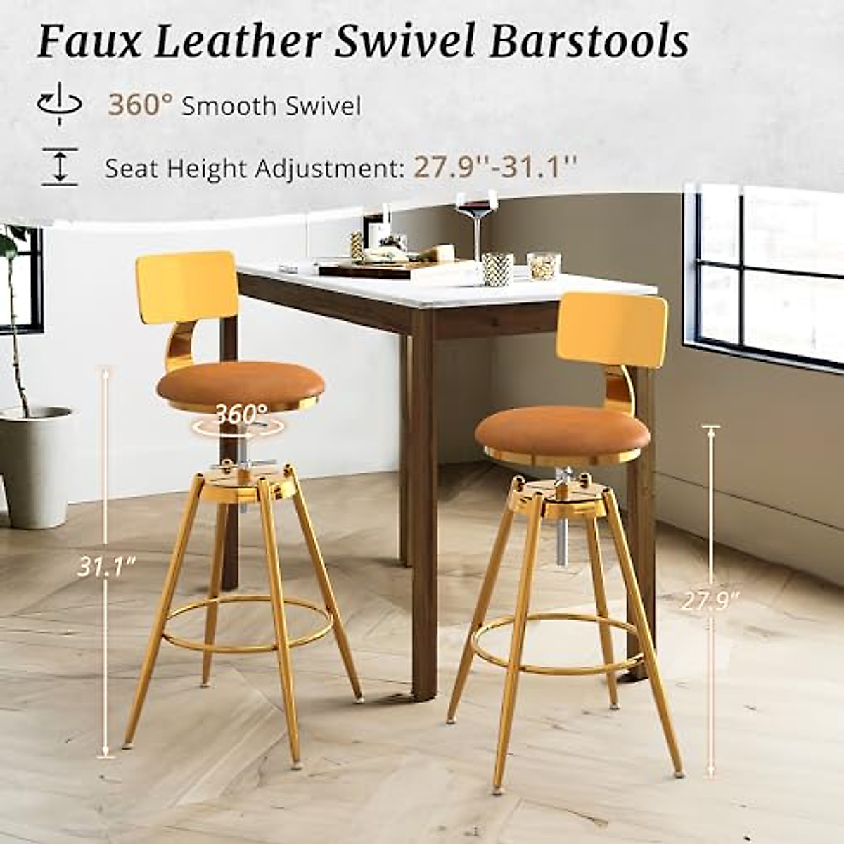 Cozyman Industrial Swivel Bar Stool Set of 4, 26"-32" Adjustable Counter Height Bar Stool with Back for Kitchen Island, Vintage Farmhouse Faux Leather Barstool with Golden Metal Legs, Whiskey Brown