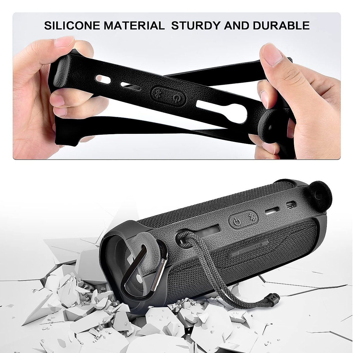 Silicone Case for JBL FLIP 6 Waterproof Portable Bluetooth Speaker, Gel Soft Skin Rubber Cover, Travel Carrying Storage Bag Pouch with Shoulder Strap and Carabiner - Black