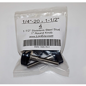 Four (4) Thumb Screws 1/4-20 x 1-1/2" Long Stainless Steel 1" Round Knurled Black Plastic Knob
