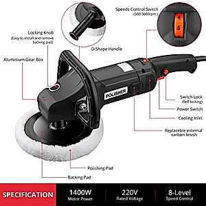 JUSTOOL Buffer Polisher1400W, 8 Variable Speed, 7/6/5Inch RO Rotary Polisher Car Polisher Electric Polisher with Foam/Wool Pads, Sandpaper,Polishing Pads Set for Auto Buffing and Polishing
