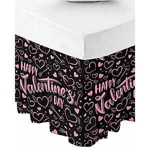 Valentine's Day Bed Skirt King Size 16 Inch Drop, Adjustable & Elastic Wrap Around Bed Skirts Pleated Luxury Dust Ruffles for Twin Full Queen Cal King Base Bed, Pink Black Romance Love Heart