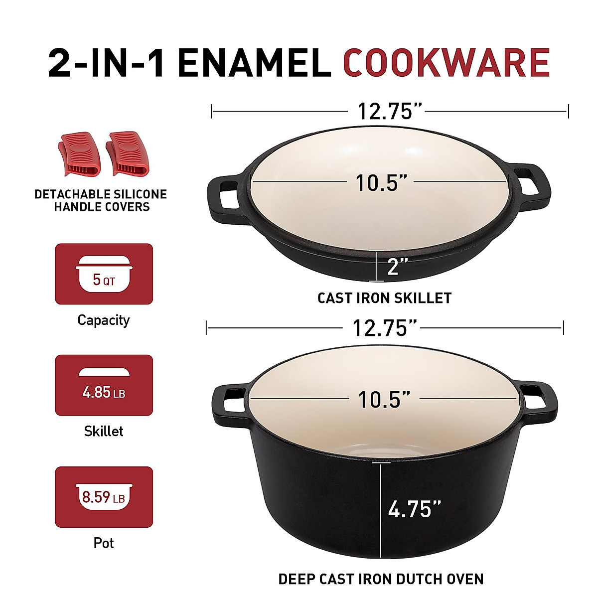 DishDelight 2-in-1 Pre-Seasoned Enameled Cast Iron Dutch Oven Pot with Lid and Dual Handles, Cast Iron Skillet Cookware Pan Set with Skillet Lid Cooking Pan, Dutch Oven for Bread Baking, 5QT, Black