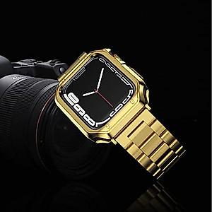Compatible with Apple Watch Band and Case, Stainless Steel Metal Chain with TPU Cover, Smart-Watch Link Bracelet Strap, Wrist-Band for i-Watch Series 8 7 6 5 4 3 2 1 SE SE2, 45mm 44mm 42mm, Gold