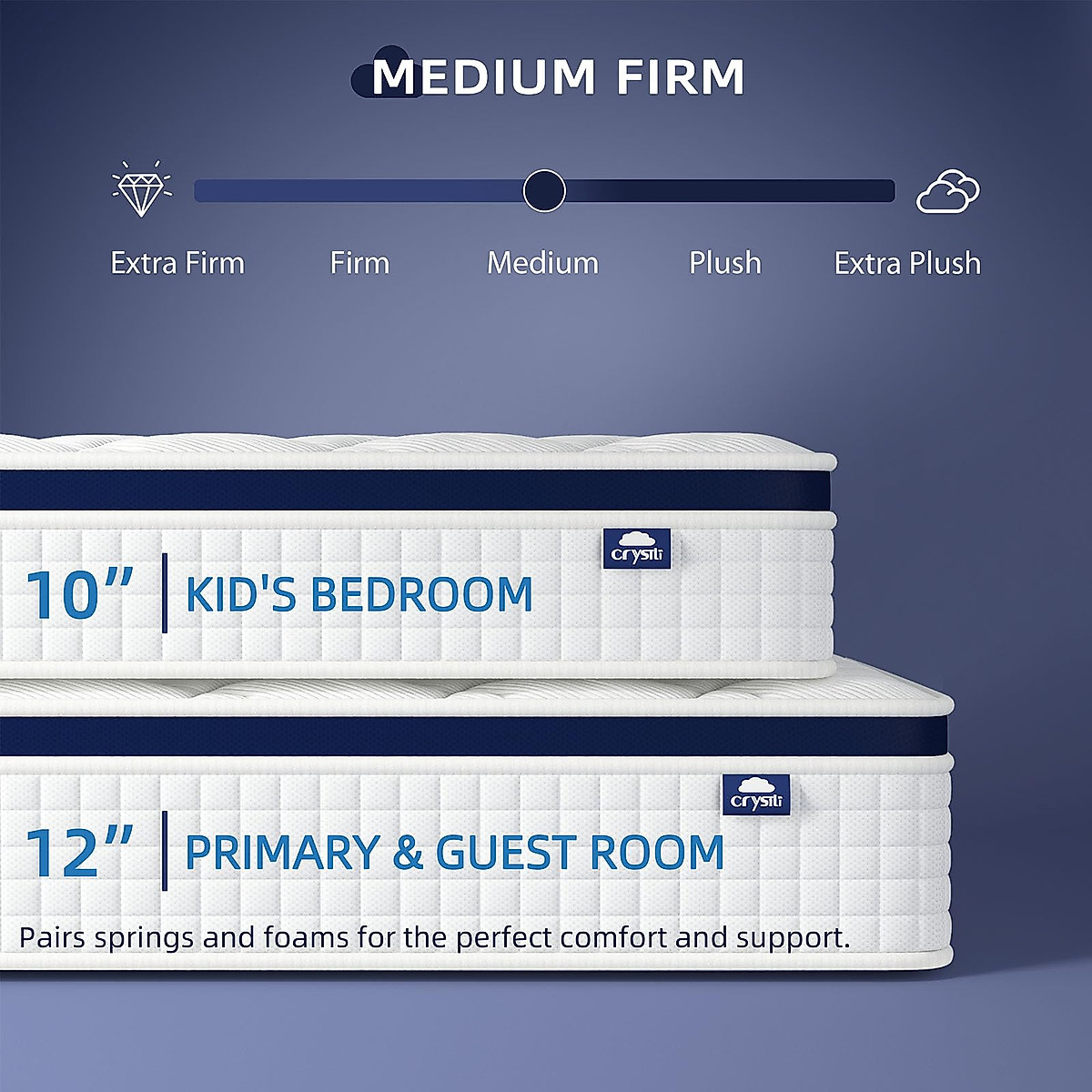 Crystli Queen Size Mattress 12 Inch Bed in A Box Hybrid Mattress with Zero Pressure Foam, Innerspring Mattress for Pressure Relief, Motion Isolation, Medium Firm, CertiPUR-US Certified