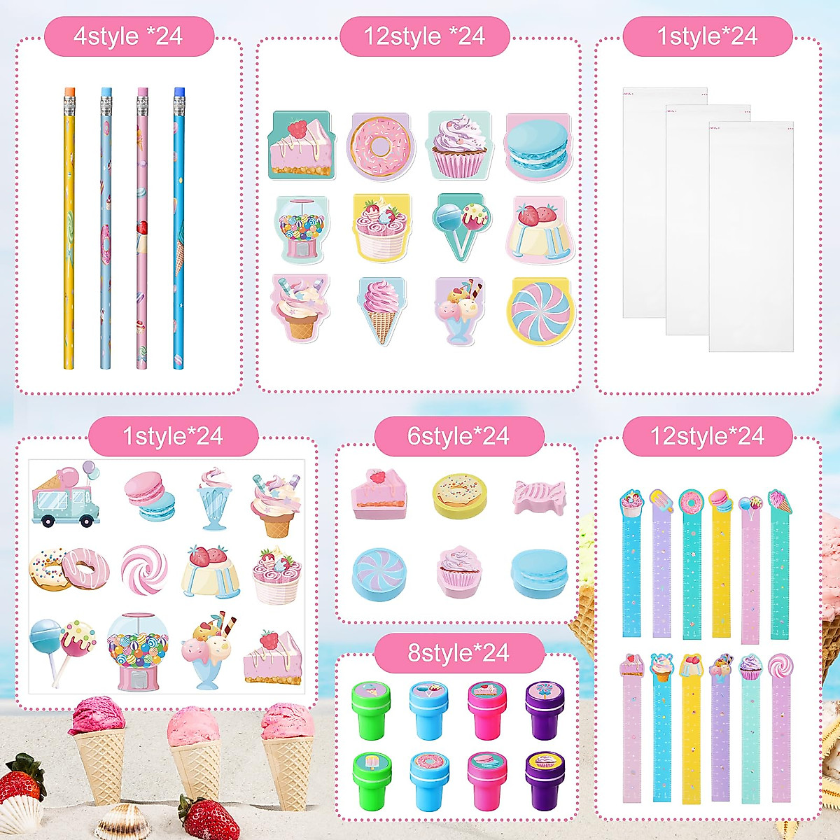 PerKoop 168 Pcs Ice Cream Party Favors Include Mini Notebook Sticker Pencil Stationery Gift Set Sweet One Party Favor Supply for Candyland Donuts Birthday Decoration Classroom Reward Stuffer Filler