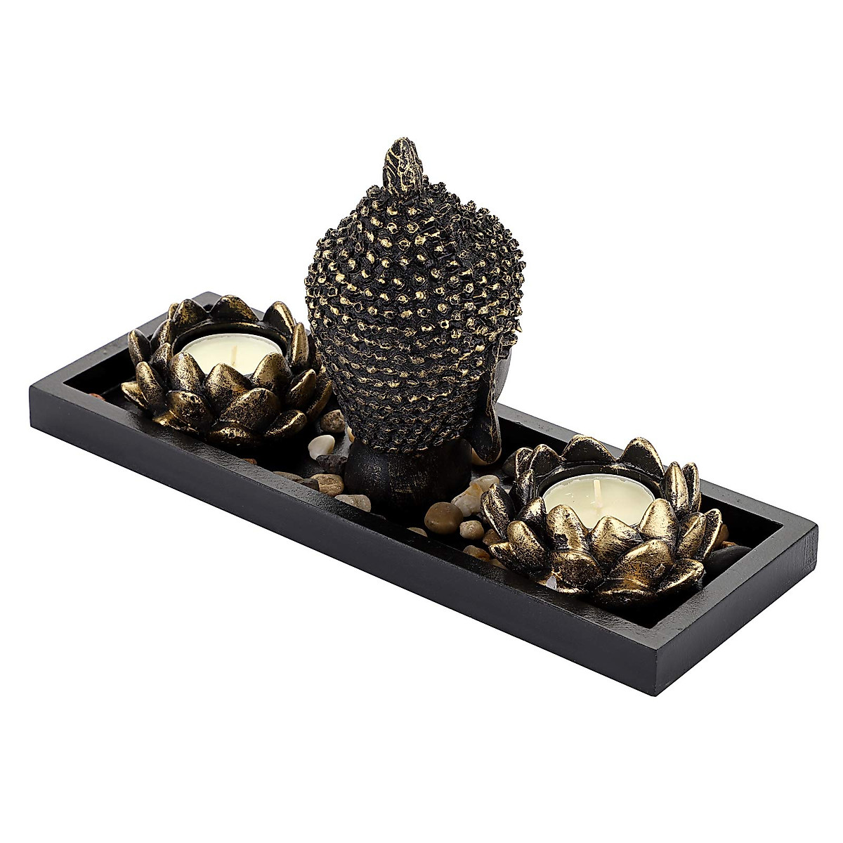 OwnMy Buddha Head Sculpture Statue with 2 Lotus Tealight Candle Holders 1 Wooden Display Tray Decor Stones, Buddha Meditation Votive Candle Holder Candle Stands for Home Decor Table Zen Garden Decor