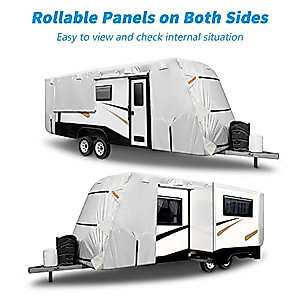 FRUNO Oxford Cloth Travel Trailer RV Cover 27'8"-30' Waterproof Rip-Resistant Anti-UV Camper Cover for Winter Snow with Jack Cover 4 Tire Covers and Gutter Covers