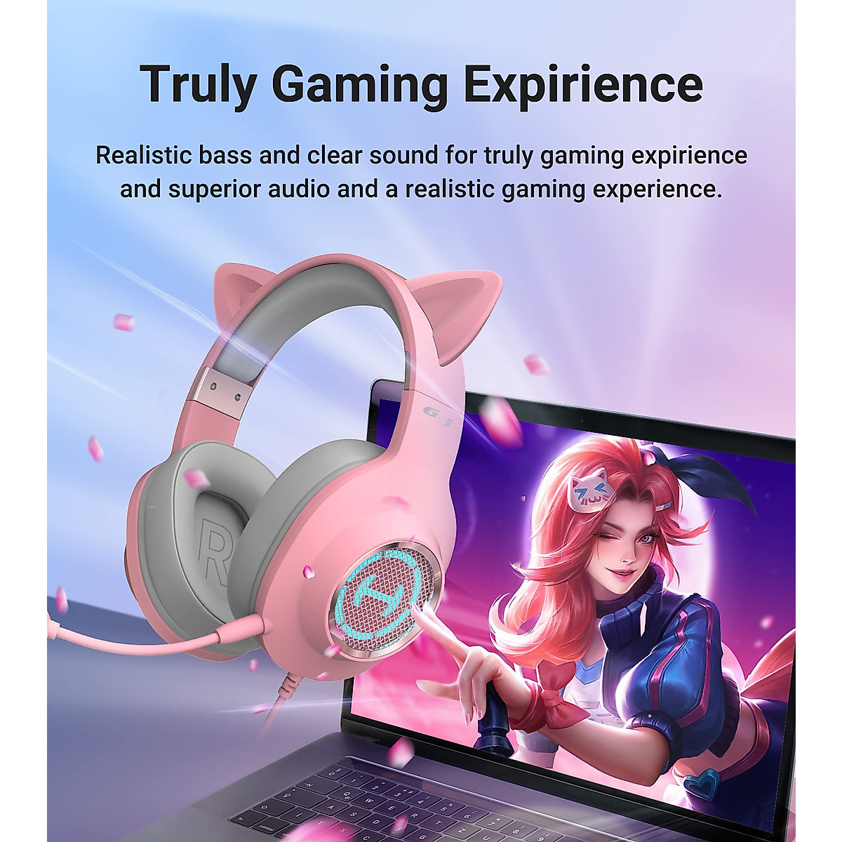 HECATE by Edifier G2 II Pink Gaming Headset, USB Wired Pink Gaming Headphones with Cat Ear for PC/MAC/PS4/PS5, 7.1 Surround Sound, Detachable Cat Ear and Noise Cancelling Microphone, LED RGB Lighting