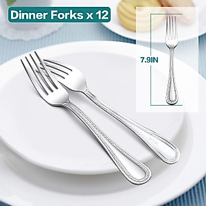 Forks Set of 12, E-far Stainless Steel Dinner Forks Silverware with Pearled Edge for Home/Kitchen/Restaurant, Mirror Polished & Dishwasher safe-7.9 Inches