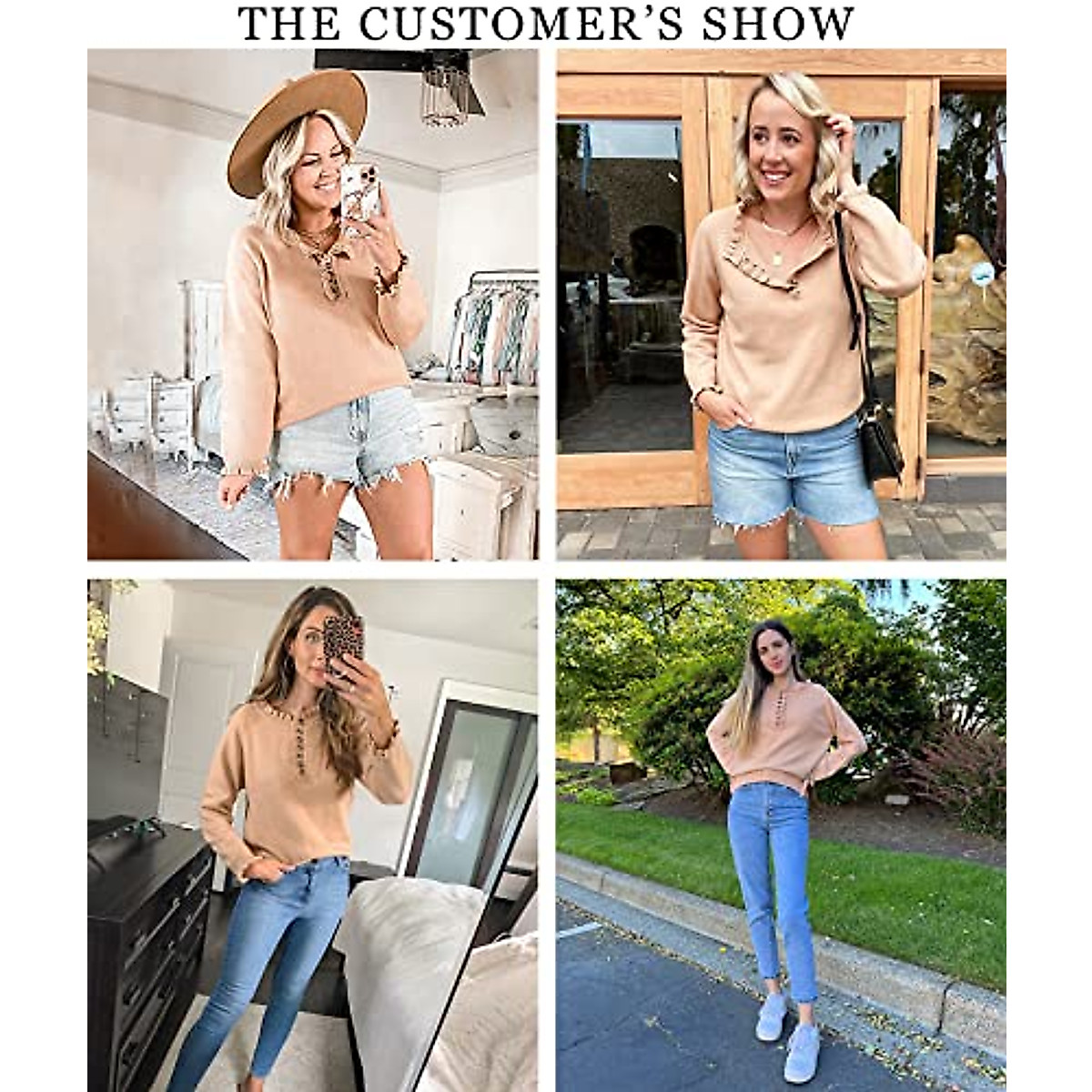 BTFBM Women's Sweaters Casual Long Sleeve Button Down Crew Neck Ruffle Knit Pullover Sweater Tops Solid Color Striped(Solid Khaki, Small)