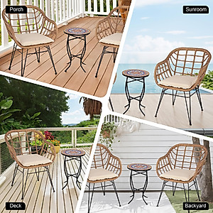 MOOOTTO 3 Pieces Outdoor Conversation Set, Patio Bistro Sets with 2 PE Wicker Chairs and Coffee Table,Patio Furniture Set for Porch, Sunroom, Deck, Backyard