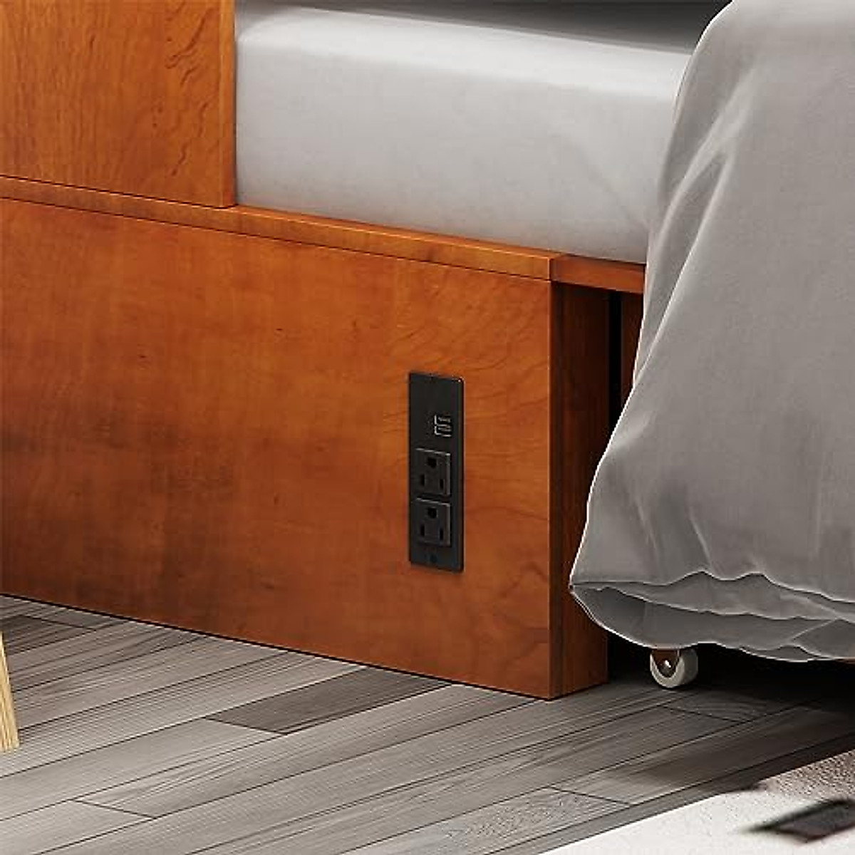 MUZZ Queen Size Murphy Cabinet Bed with Memory Foam Mattress, Charging Station and Large Drawer (Queen, Cherry with Handles)