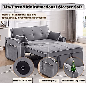 Convertible Futon Couch with USB Ports,Velvet Pull Out Sleeper Sofa Bed with Cup Holders and Pockets,3 in 1 Modern Loveseat with Adjustable Backrest,Small Love Seat for Living Room,Office,Grey