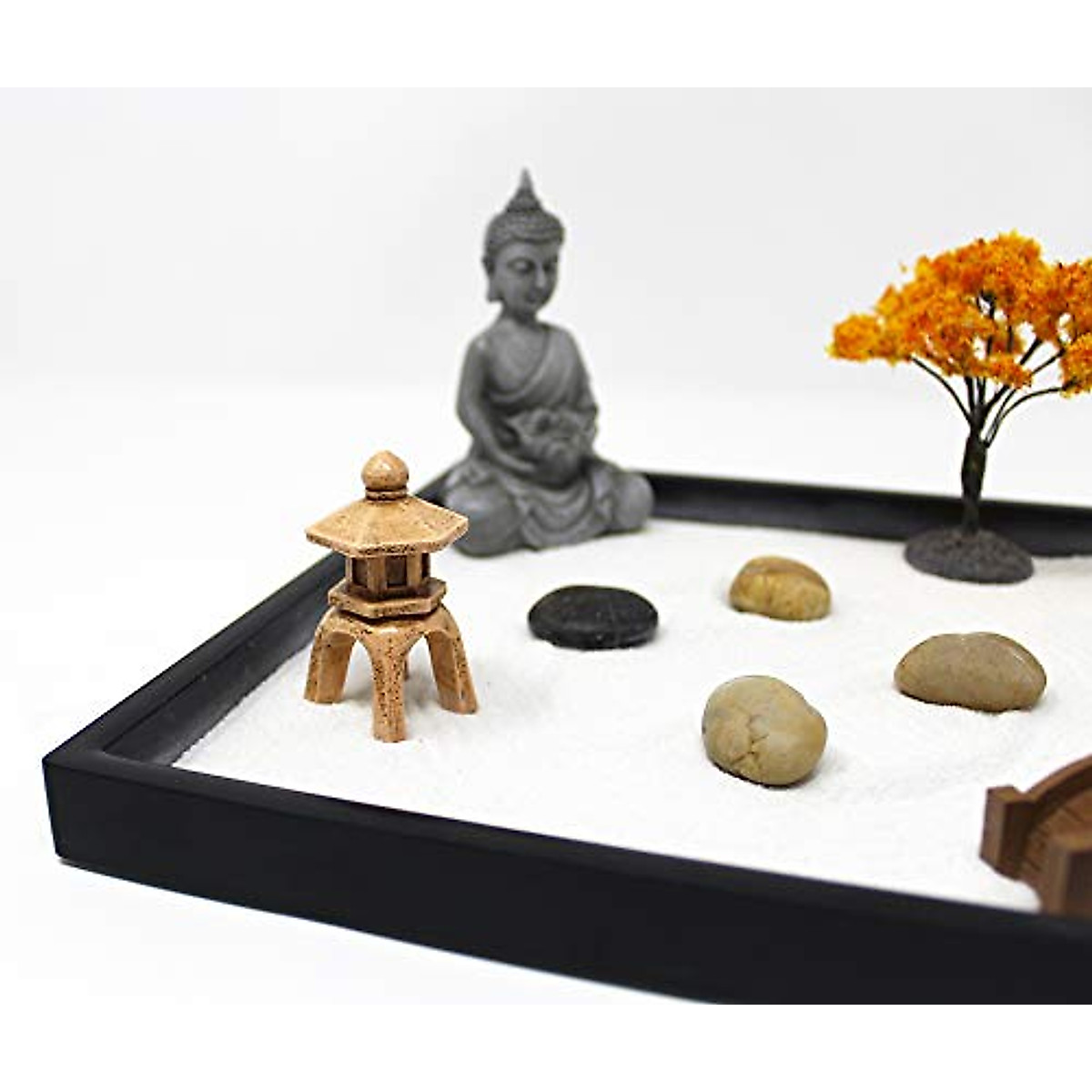 Nature's Mark Mini Zen Garden Kit for Desk with Rake, White Sand, Buddha, Bridge Black Square Base, River Rocks and Mini Blossom Tree (9Lx9W A)