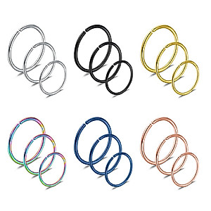 Ruifan 18PCS 20G Mix Size Stainless Steel Clip on Fake Nose Lip Helix Cartilage Tragus Ear Hoop Ring 6mm 8mm 10mm - Mix Color
