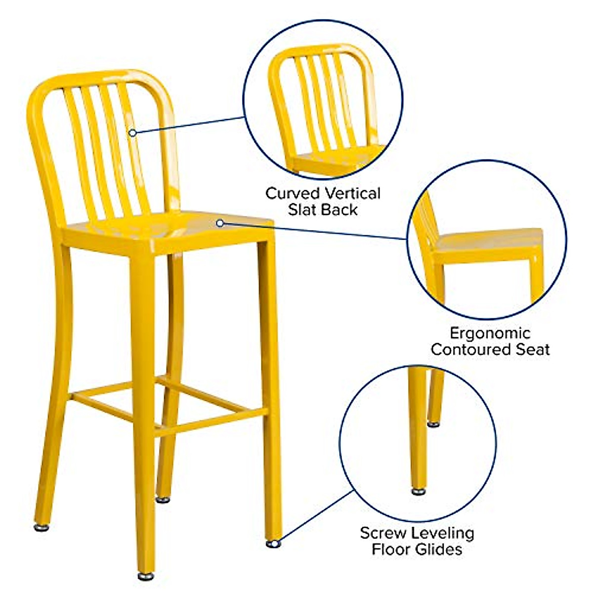 BizChair Commercial Grade 30" H Yellow Metal Indoor-Outdoor Barstool with Slat Back