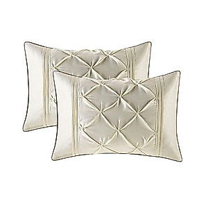 Madison Park Essentials Room in a Bag Faux Silk Comforter Set - Luxe Diamond Tufting All Season Bedding, Matching Curtains, Decorative Pillows, Ivory Queen(90"x90") 24 Piece