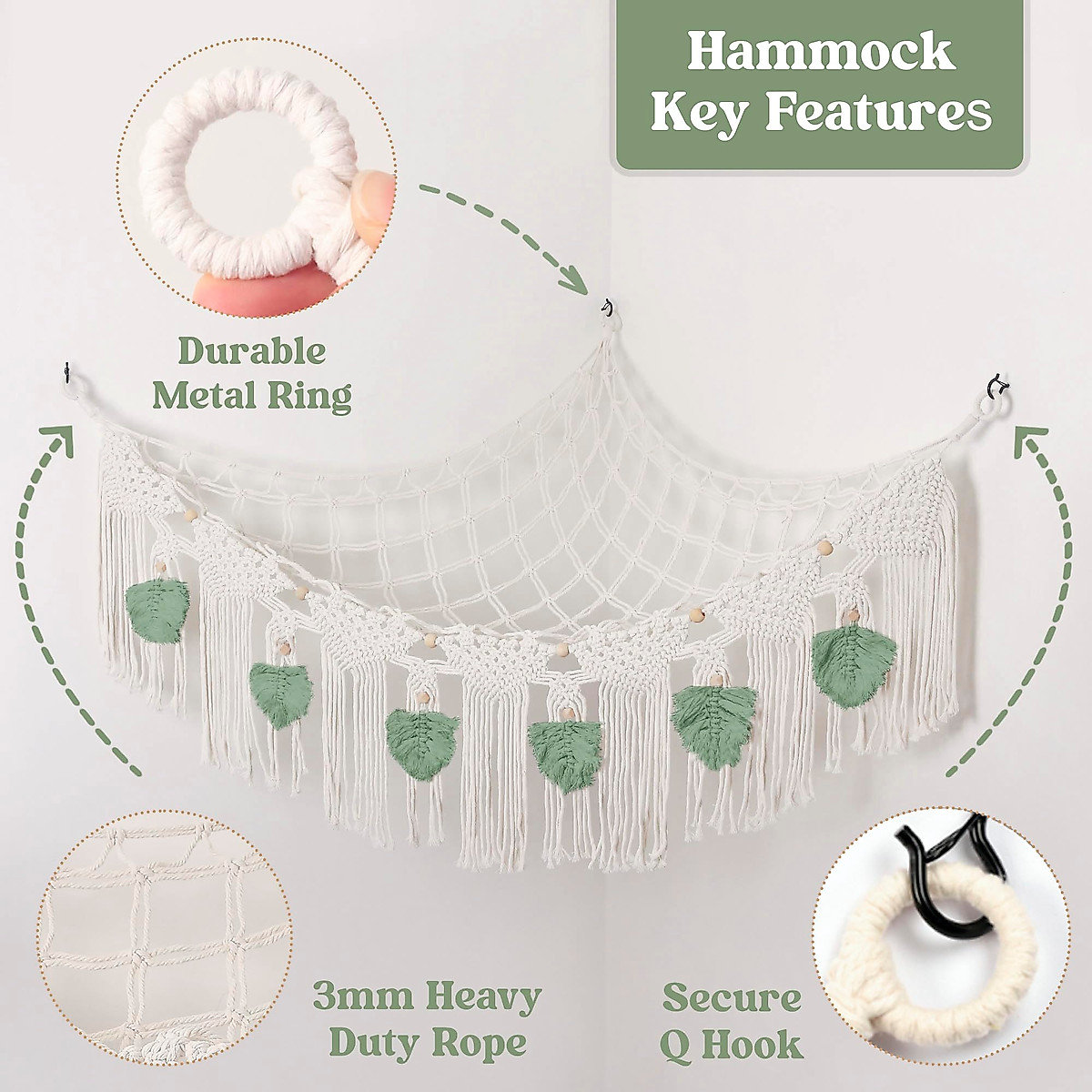 Morxy Stuffed Animal Net or Hammock - Boho Macrame Toy Hammock for Stuffed Animals - Strong Hand Woven Stuffed Animal Hammock - Easy to Install Toy Net Hammock for Stuffed Animals -Large Green