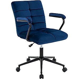 MFD LIVING Velvet Home Office Desk Chair, Upholstered Adjustable Swivel Task Chair with Wheels, Tufted Mid-Back Computer Chair with Arms, for Study Living Room Vanity (Blue, Black Base)