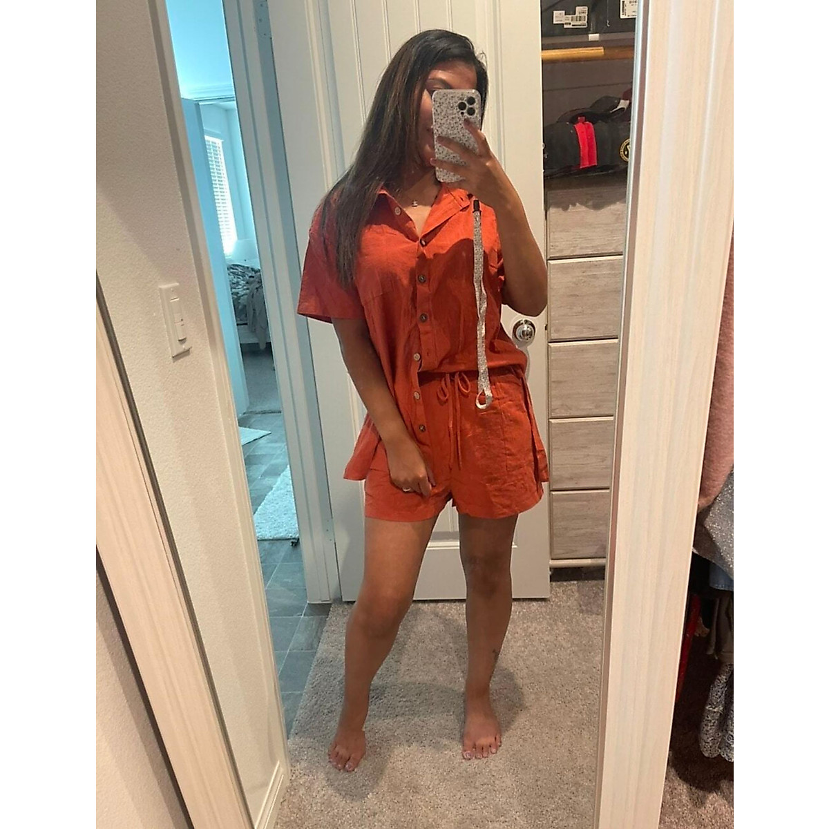 QIBABU Women's Linen Shorts Sets 2 Piece Summer Short Sleeve Top and Shorts Sweatsuit Set Vacation Beach Outfits(1521-Orange-L-QB)